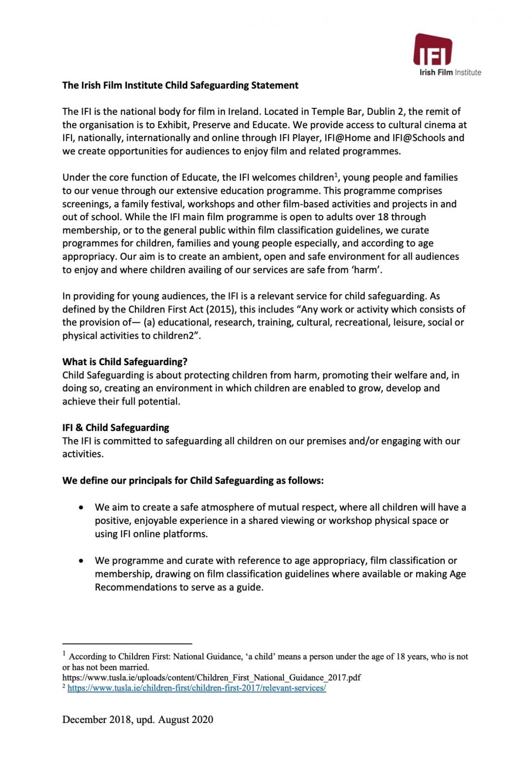Irish Film Institute -Child Safeguarding Statement
